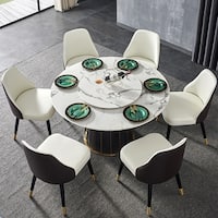 Modern White Round Marble Tabletop Dining Table with Lazy Susan, Black ...