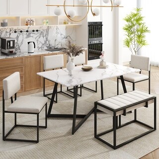60" Metal Kitchen Table Set with Faux Marble Top, 4 Upholstered Dining ...