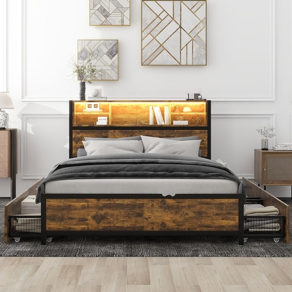 Black Queen Metal Storage Bed with 4 Drawers, Sockets, USB, LED, Shelf ...