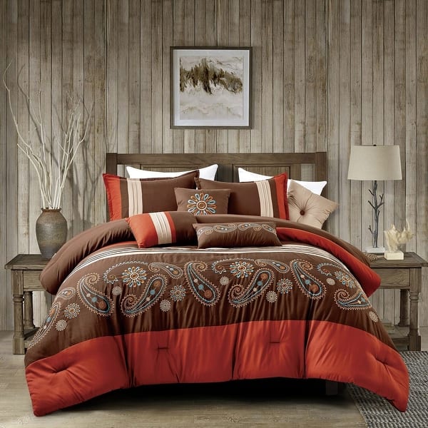 7 Piece Comforter Set Brown Red Paisley Bedding Set - Bed Bath & Beyond ...
