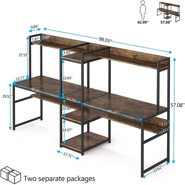 98 inches double computer desk with hutch and storage shelf two person ...