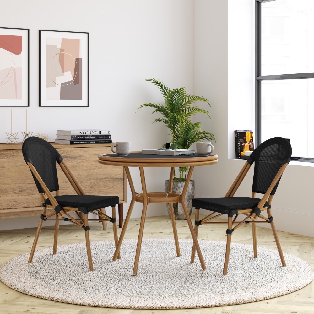 Bistro Table 4 Chair Set with Metal Frames Navy White Rattan Natural Frame