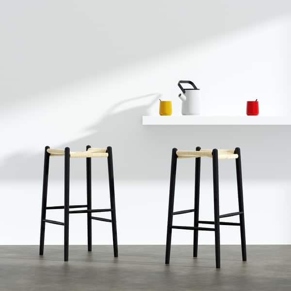 Evelina Bar Stool without Backrest with Black Frame and Natural Rush ...