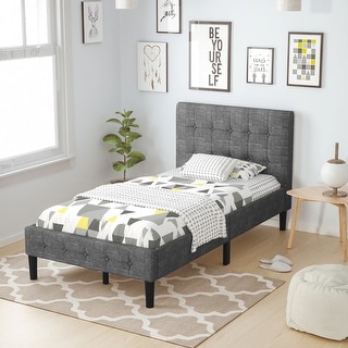 Twin Upholstered Bed Frame Button Tufted Headboard Mattress Grey - Bed ...