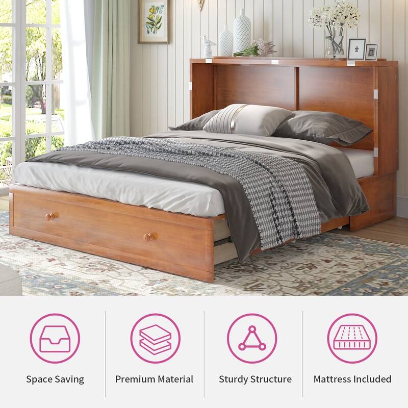 Mixoy Queen Size Murphy Bed With Mattress And Usb Port Storage Bed With