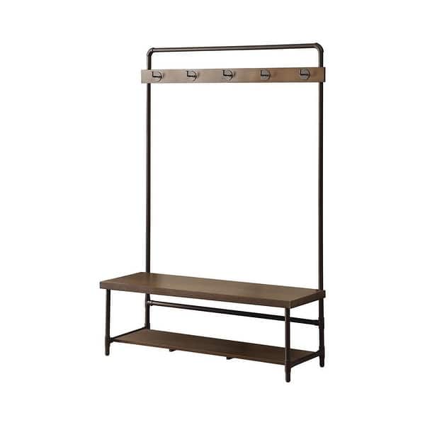 Brown Industrial Metal Hall Tree with Wood Finish Shoe Bench and 5 ...