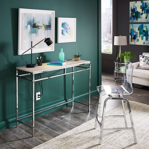 Garble Chrome Counter Height Desk with Faux Marble Top and USB Charging ...
