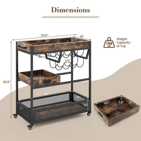 Gymax Rolling Bar Cart 3-Tier Industrial Buffet Serving Trolley w ...