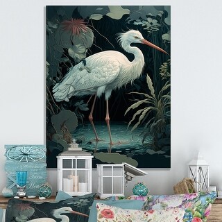 Designart "White Stork Standing In A Forest Pond I" Animals Bird Canvas ...