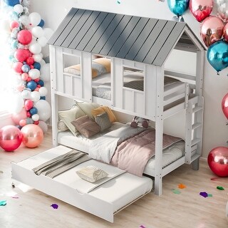 Twin Over Twin House Bunk Bed With Trundle for Bedroom - Bed Bath ...