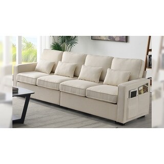 Modern 4-seat Straight Row Sofa with Armrest Pockets and 4 Pillows ...