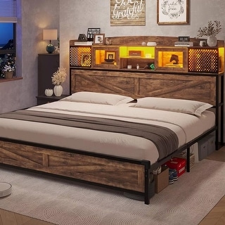 Farmhouse LED King Bed Frame with Storage Headboard & USB Ports - Bed ...
