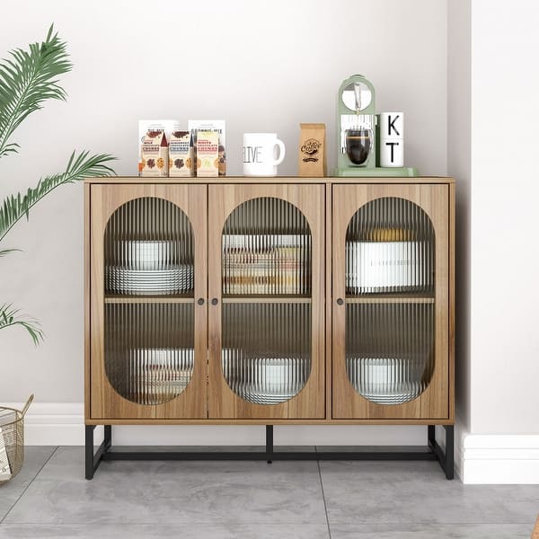 3-Door Door Storage Cabinet with Oval Glass Door, Sideboard Buffet ...