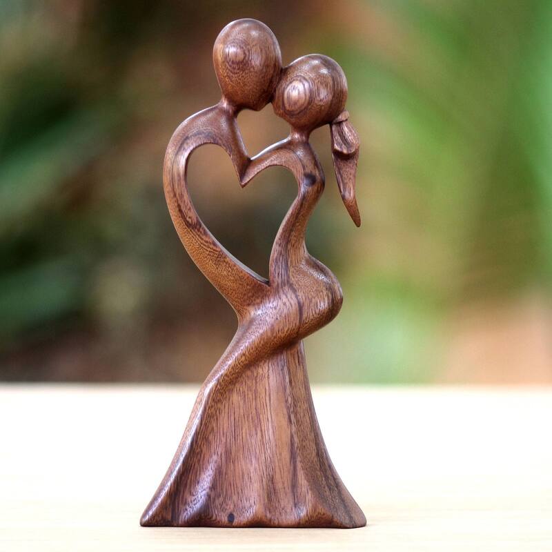 NOVICA Handmade Love's Kiss Wood Sculpture (Indonesia) - 30 cm H x 13 ...