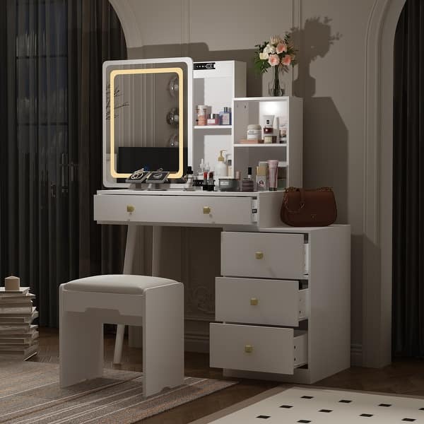 Vanity Set wi/Color Touch Screen Mirror and Cushioned Stool Glass Top ...