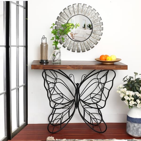 Butterfly Black and Brown Metal and Wood Accent Table - 31.25" H x 40. ...
