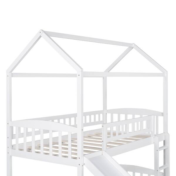White Playhouse Frame Full Over Full Perpendicular Bunk Bed with Slide ...
