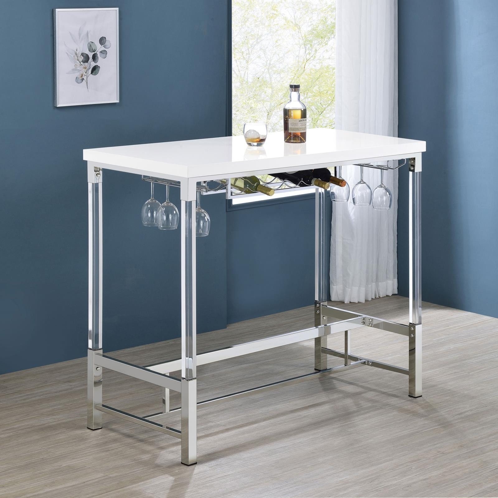 Tonneson White High Gloss Pub Height Bar Table with Acrylic Legs White High Gloss Chrome
