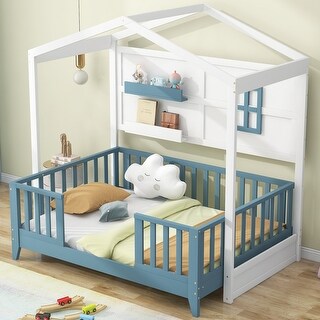 Twin Size White Wood House Bed with 2 Shelves and Guardrail - Bed Bath ...