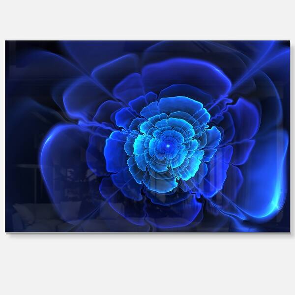 Bright Blue Fractal Flower In Dark Floral Large Abstract Art Glossy