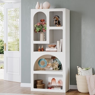 70” White Wood Bookshelf with 5 Storage Shelves for Living Room - Bed ...
