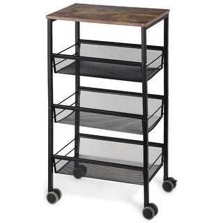 Rustic Kitchen Storage Cart, 4 Tier Kitchen Cart on Wheels, Metal Mesh ...