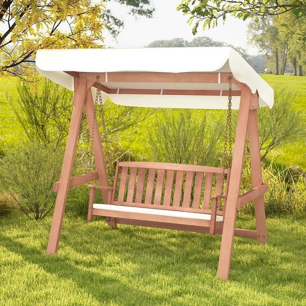 Costway Wood Porch Swing with Canopy Outdoor Patio 2-Seat Swing Bench ...