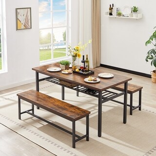 Rectangular 3PC Sets Fixed Dining Table Set with Bench Seating and ...