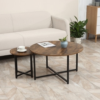 Industrial Coffee Table Set of 2, Round Snack Table with Metal Frame ...