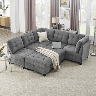 L shape Modular Sectional Sofa Chenille Sectional Sofa w/Ottoman - Bed ...