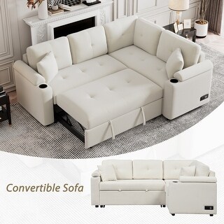 L-shape Sofa Bed with Pull-out Wheels Sleeper Sofa and USB Ports for ...