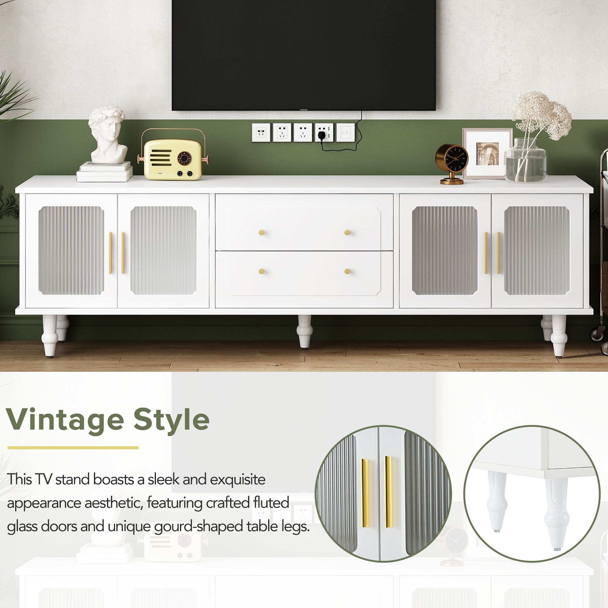 TV Stand with Fluted Glass Doors for TVs Up to 78 Television Console Table with 2 Drawers Storage Cabinets for Living Room