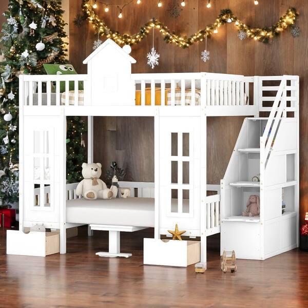 Full-Over-Full White Turn into Upper Bed and Down Desk Bunk Bed with ...