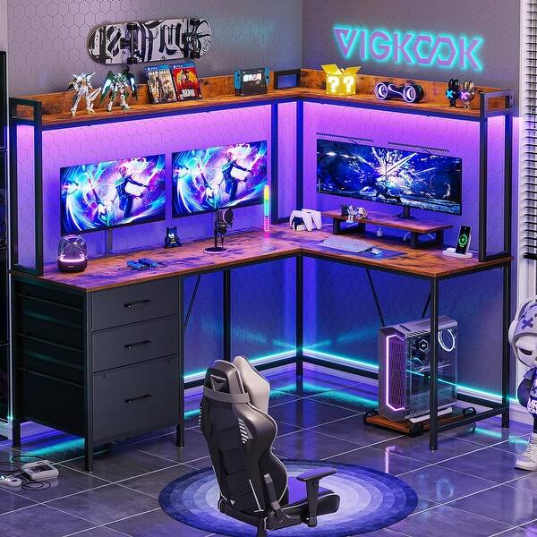 L Shaped Gaming Desk 3 Drawers Computer Desk LED Strip - On Sale - Bed ...