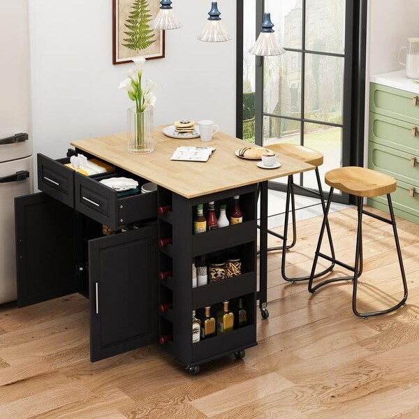 Rolling Kitchen Island on Wheels Drop Leaf Kitchen Cart with Seating Breakfast Bar Set with 2 Bar Stools and Wine Storage