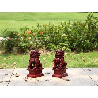 Set of 2 Red Foo Dogs Male and Female Outdoor Garden Statue 8" - Bed ...