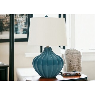 HomeRoots 24" Blue Ceramic Gourd Table Lamp With Cream Empire Shade ...