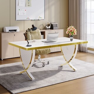 63" Modern Executive Desk with High-Gloss Desktop, White and Gold Large ...