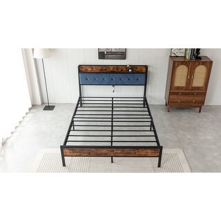 Iron Slat Black Metal Bed Frame with Rustic Upholstered Headboard - Bed ...