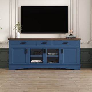 Modern Blue TV Console, 67" Width TV Stand, Glass Doors & Storage ...