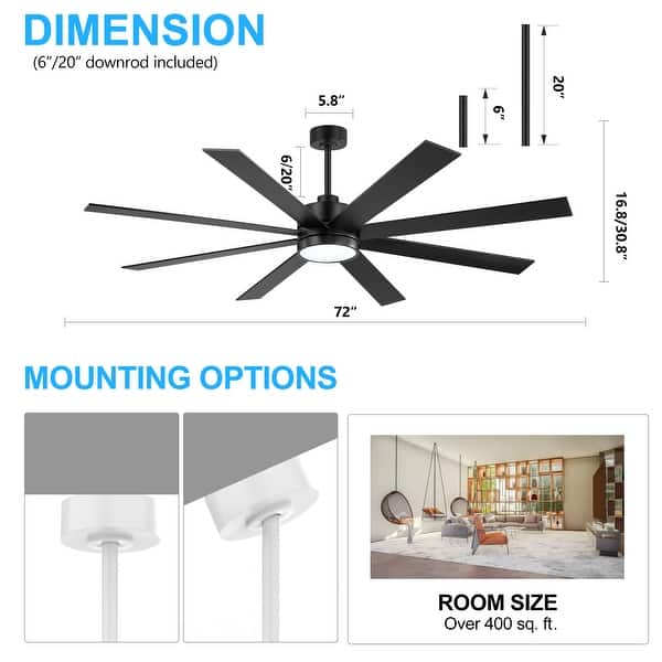 Large 72 Inch 8-Blade Integrated LED Ceiling Fan with Light Remote and ...