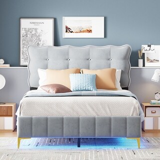 Bedroom Full Size Velvet Platform Bed with LED Frame and Stylish Mental ...
