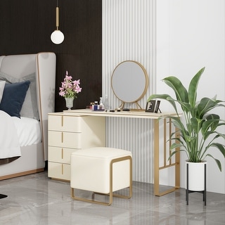 4-Drawer Vanity Table Set, Sintered Stone Dressing Table & Stool - Bed ...