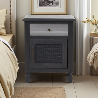 19.5"L Acacia Wood Nightstand with Cane Webbing, Cabinet & Open Shelf ...