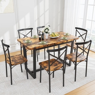 7-Piece Dining Table Set with 6 X Shaped Chairs, for Small Space Metal ...