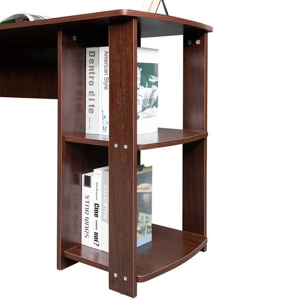 L-Shaped Wood Right-angle Computer Desk with Two-layer Bookshelves ...