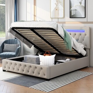 Queen Upholstered Bed w/LED Light,Bluetooth Audio&USB Charging,Storage ...
