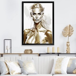 Designart "Fashion Model In Retro Gold Design VI" Fashion Woman Framed ...