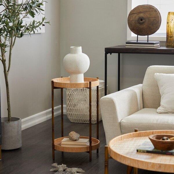 Studio 350 Brown Rattan 2 Tray Shelves Accent Table with Metal Bamboo Inspired Legs