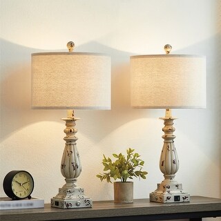 KAWOTI 24" Farmhouse Table Lamp Set with USB Ports, Bulbs(Set of 2 ...